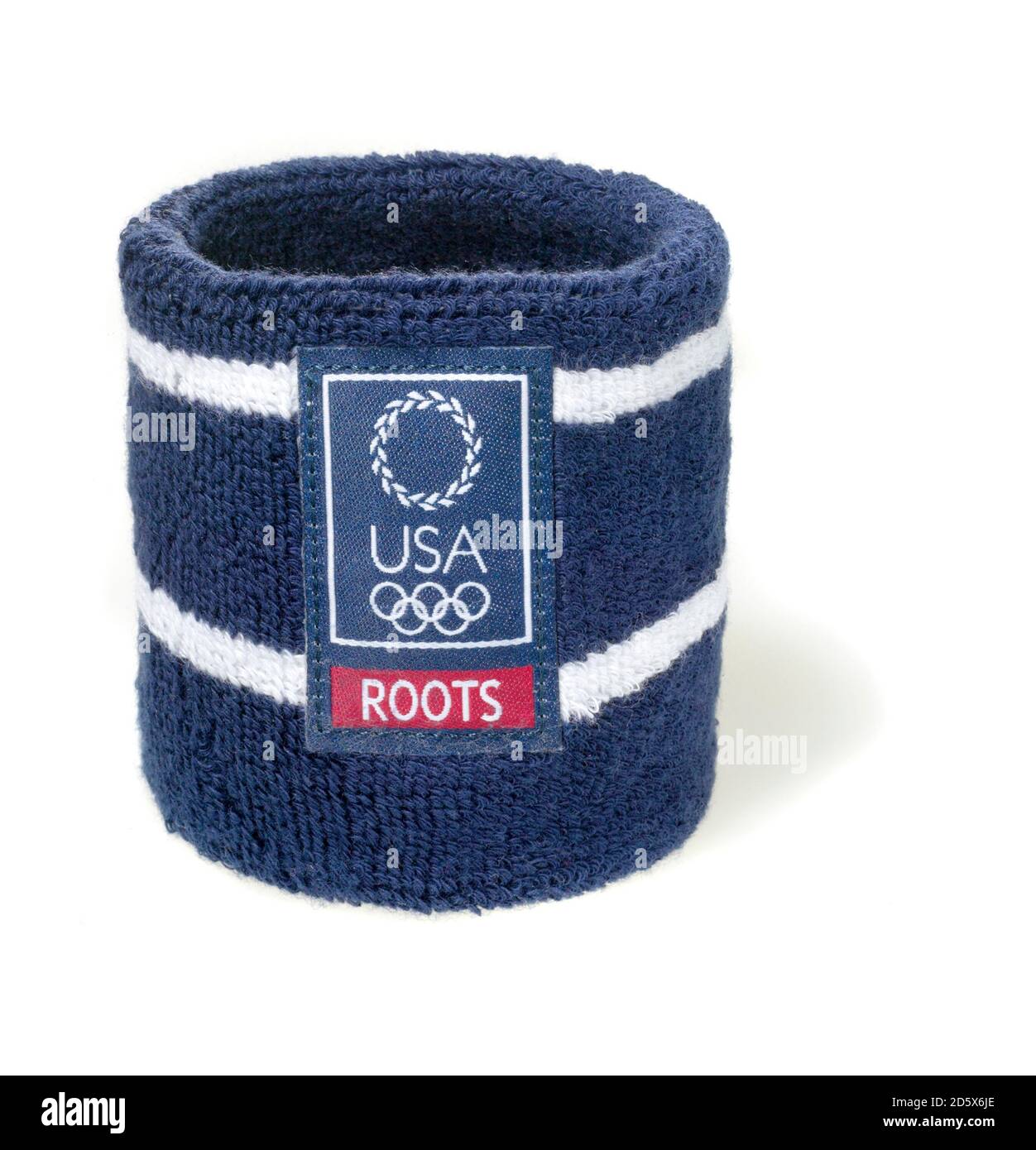 Blue and white USA roots Olympic sweat band photographed on a white ...