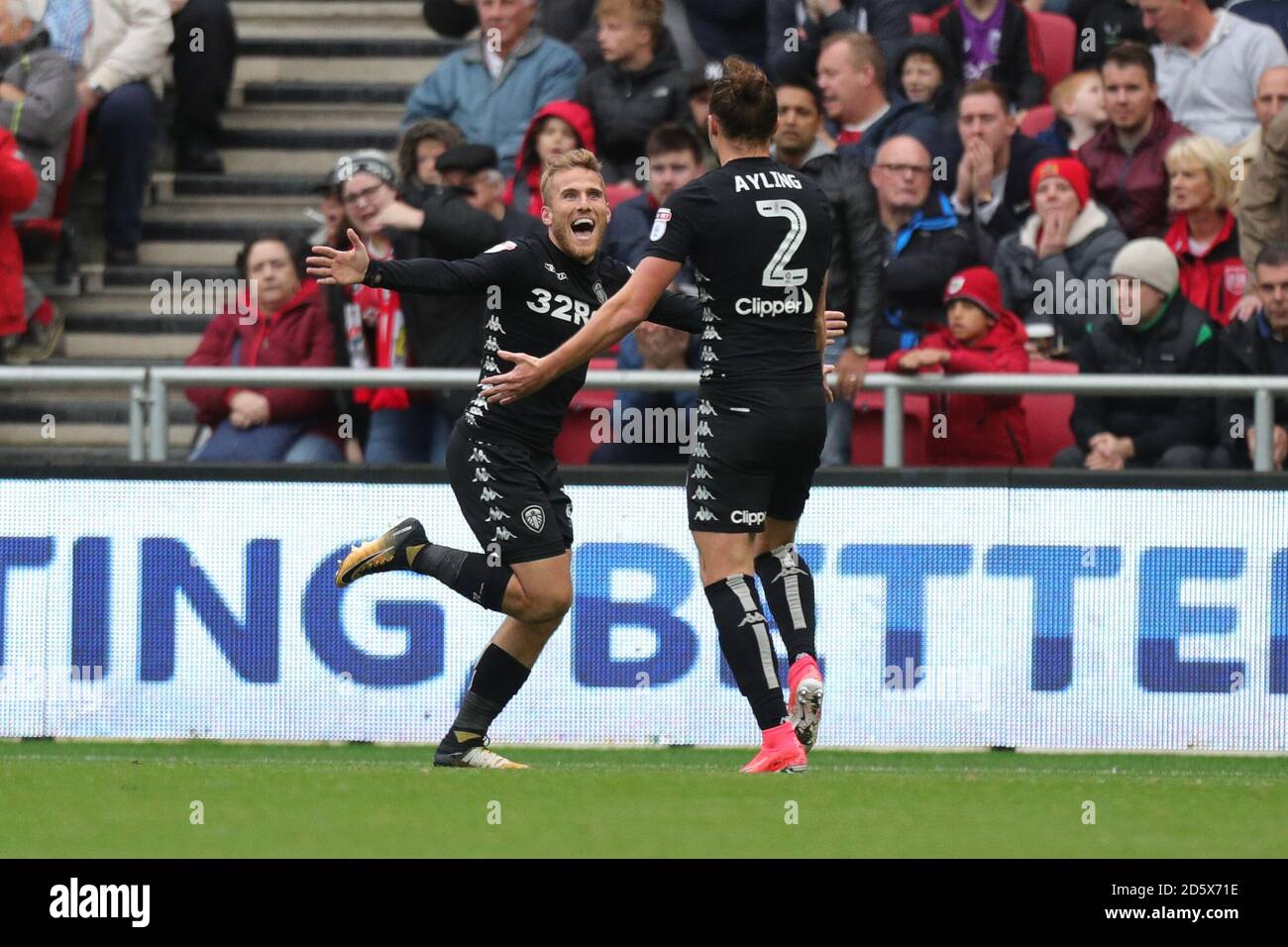 Leeds United's Samuel Saiz celebrates scoring with Leeds United's Luke ...