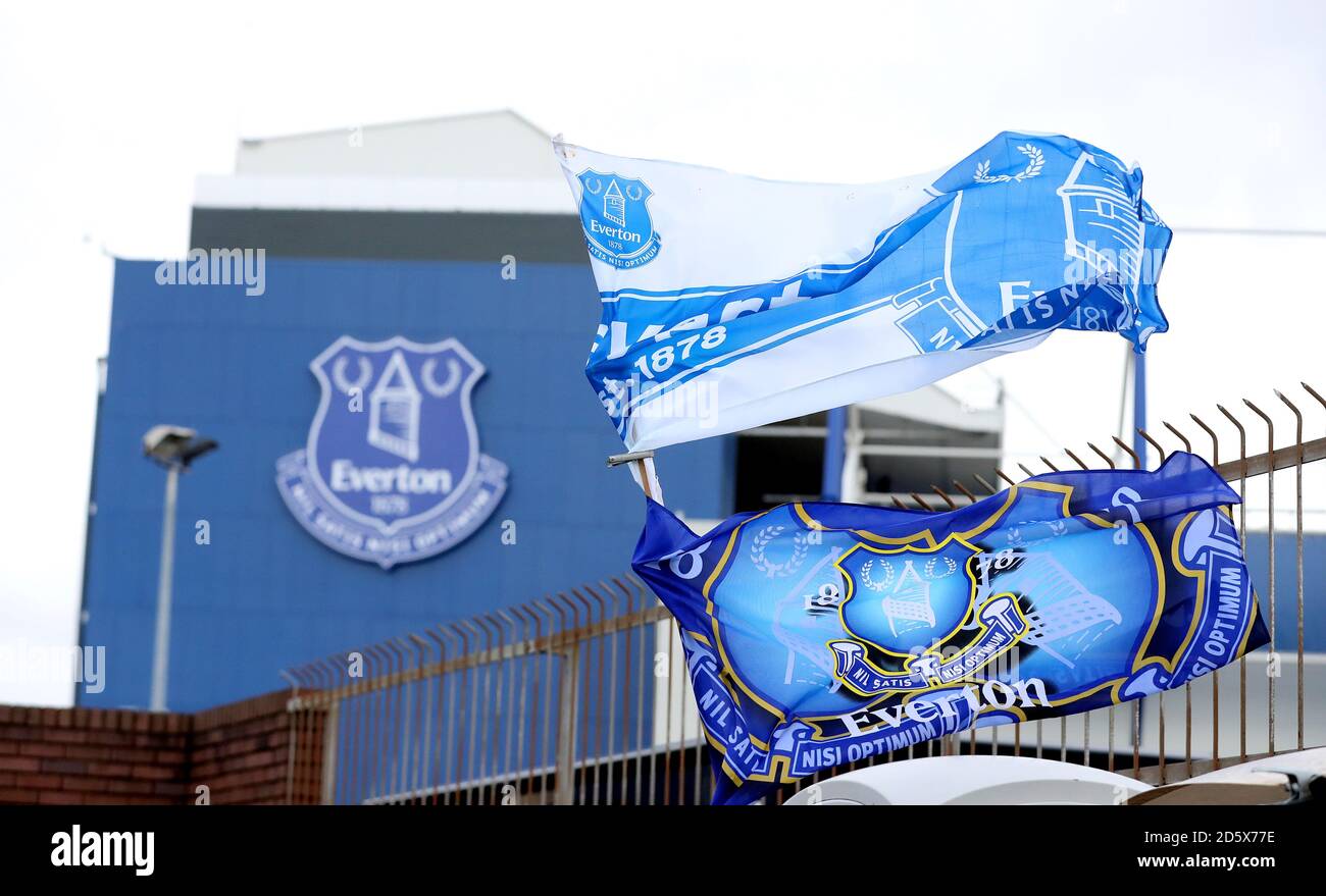 Everton flags blow in the wind outside the ground Stock Photo - Alamy