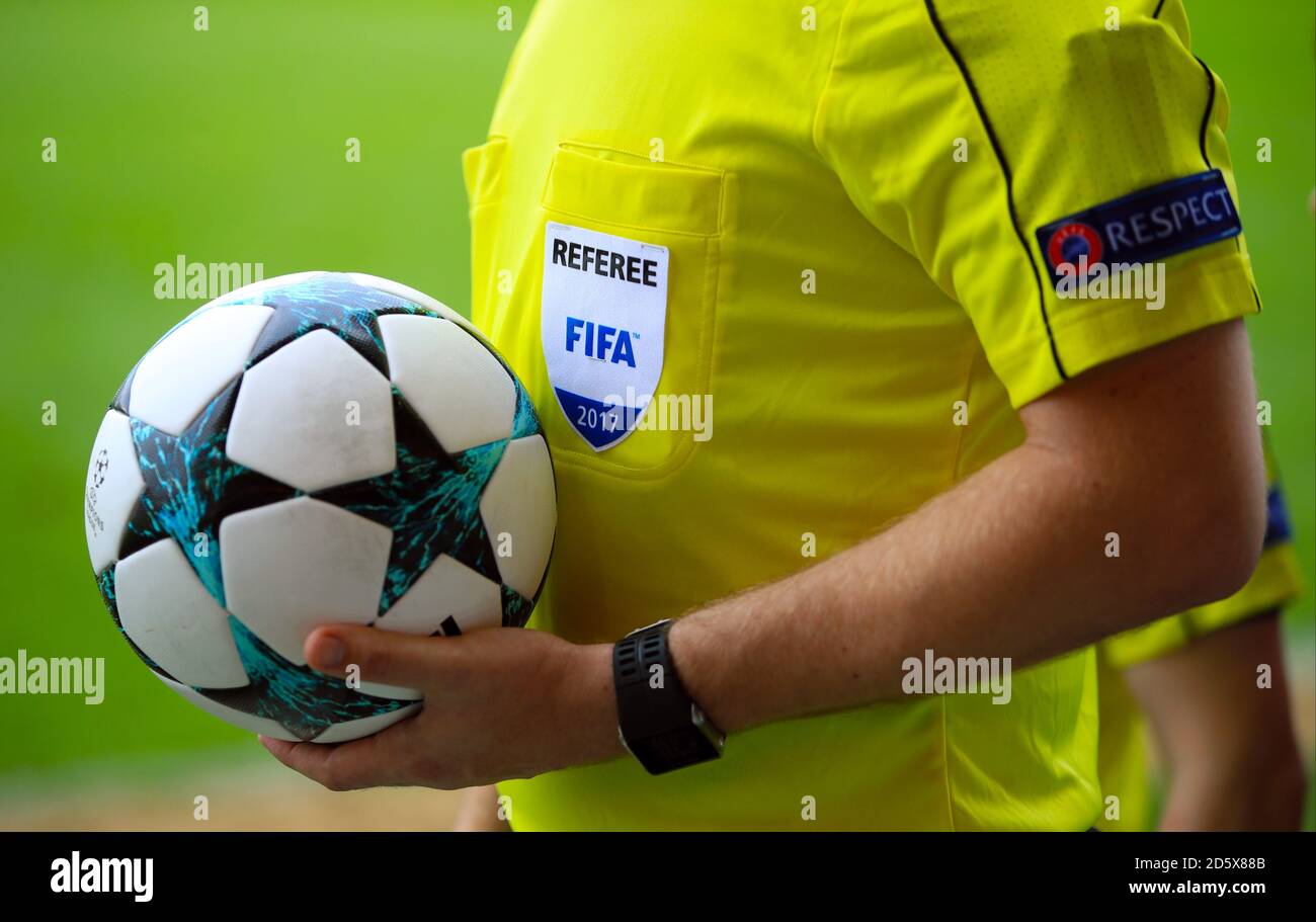 Closeup detail of referee Rob Harvey holding the matchday ball Stock ...