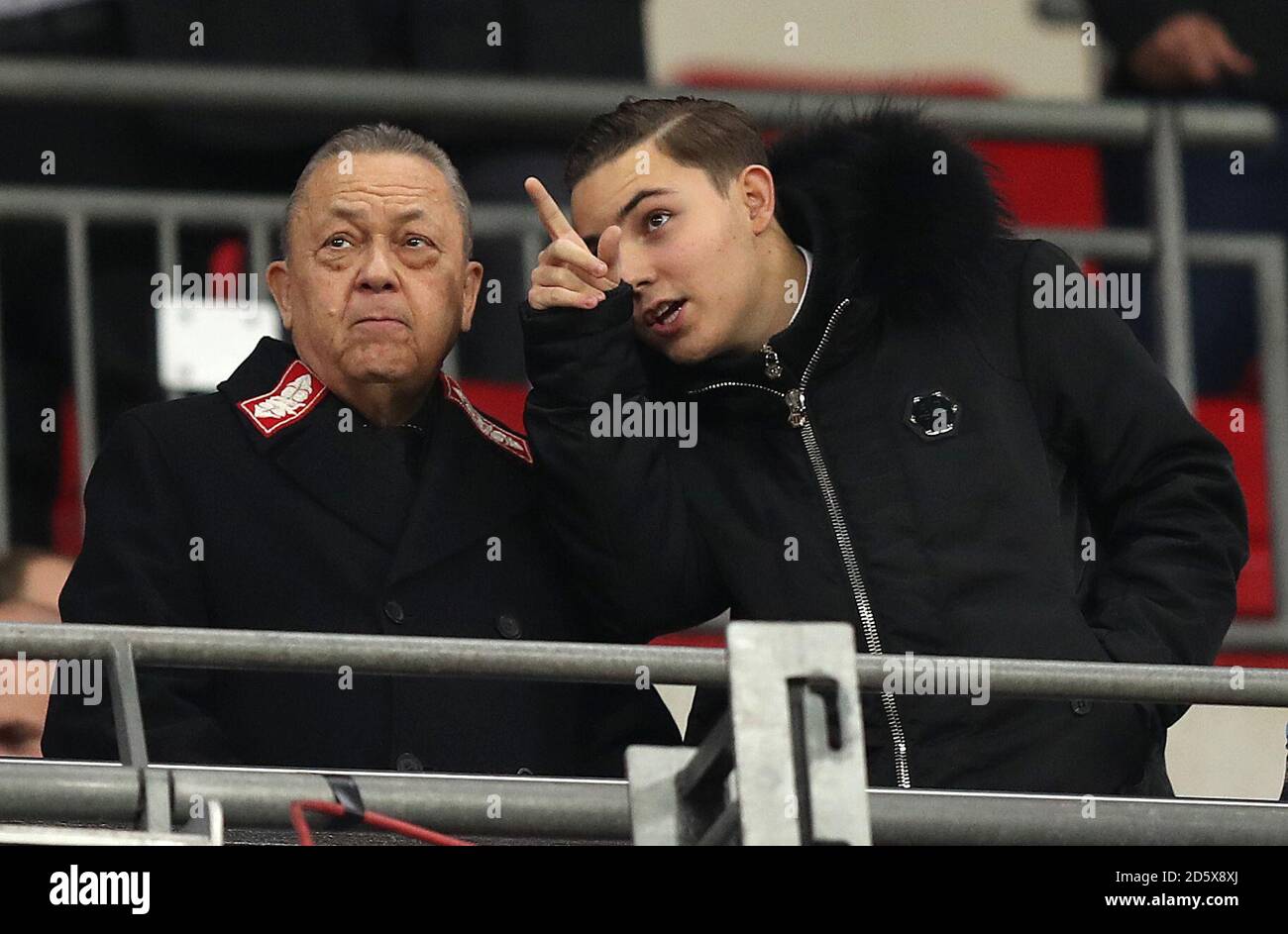 West Ham United co-owner David Sullivan and his son Jack in the stands before kick off Stock ...