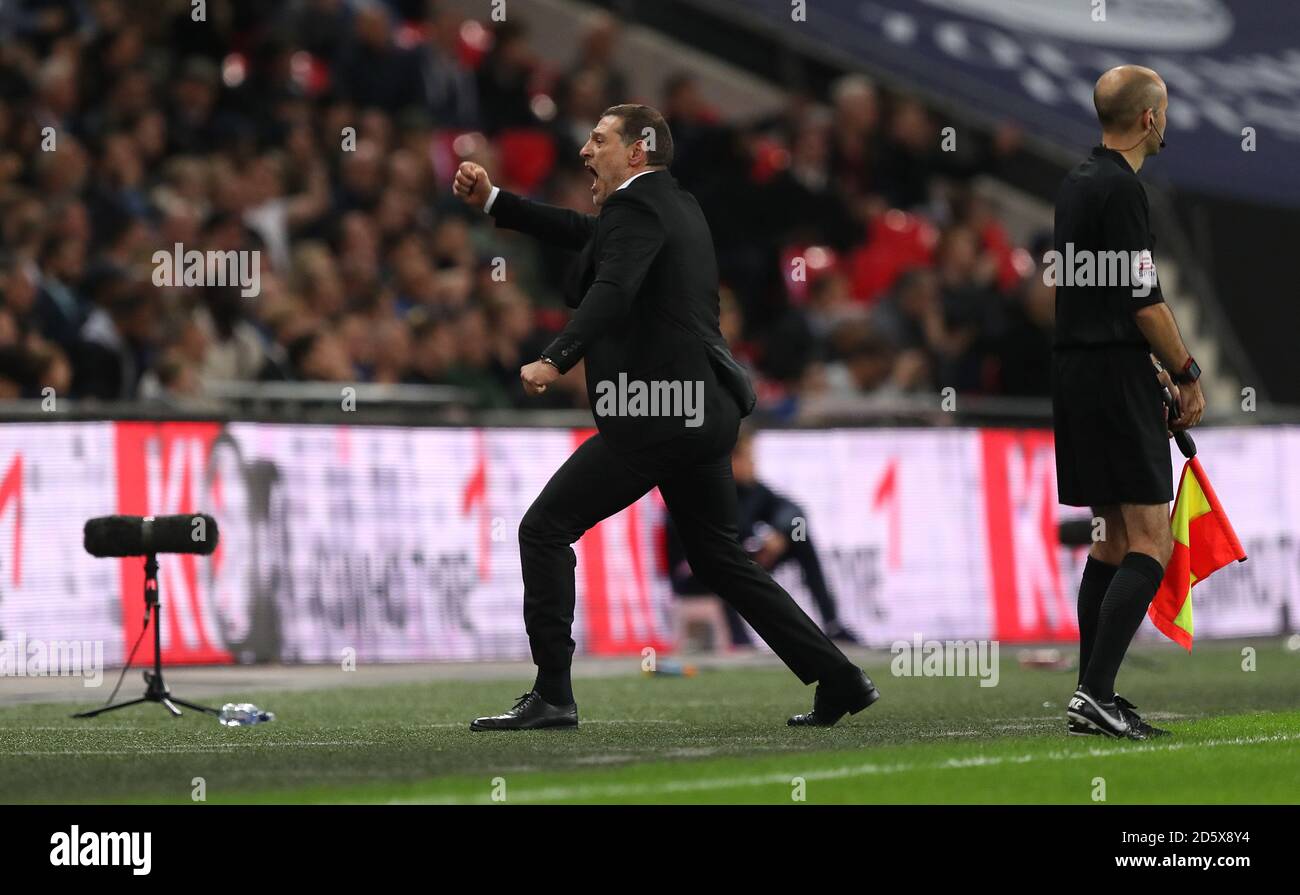 West Ham United manager Slaven Bilic celebrates his side's second goal ...