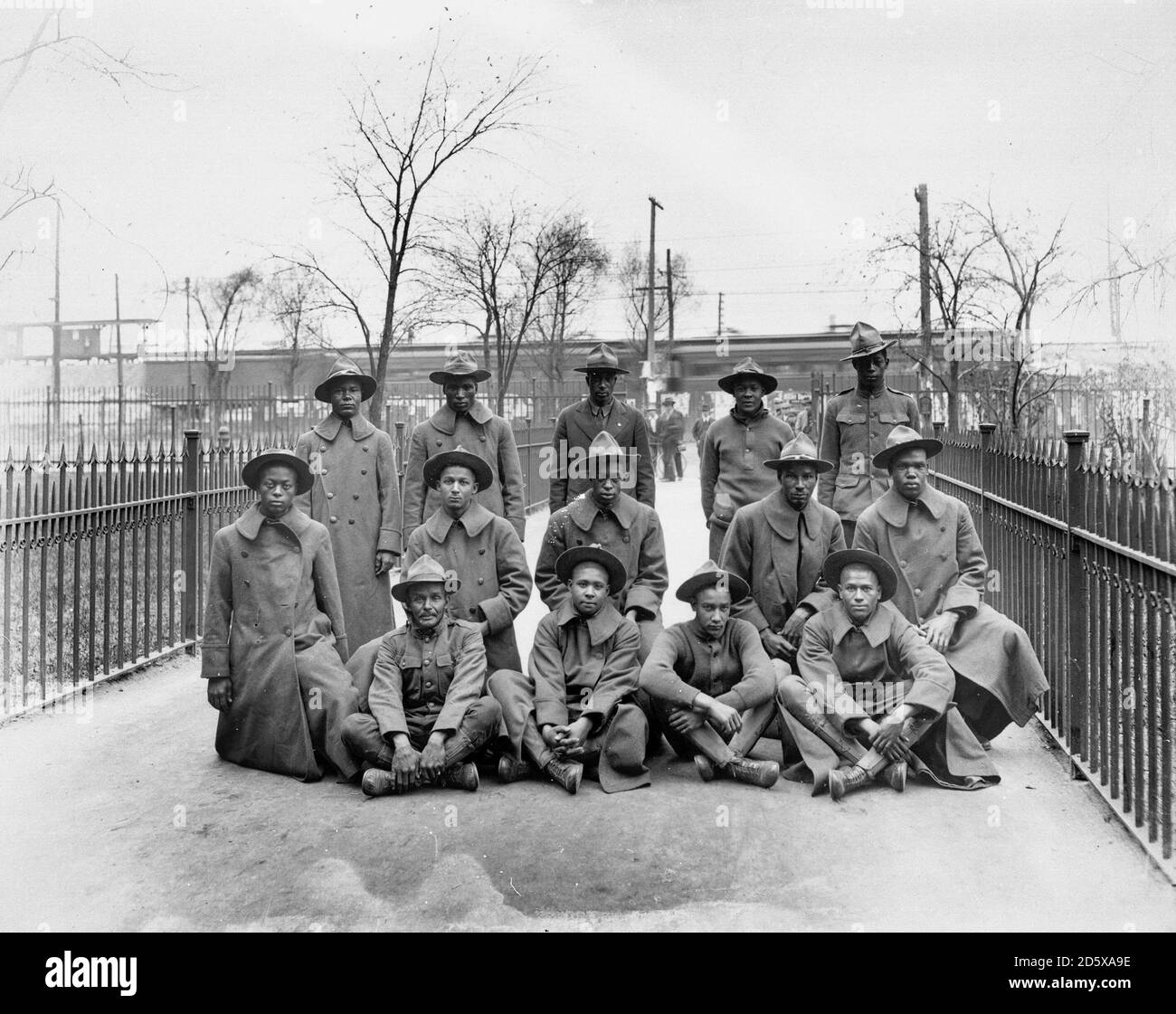 Pullman workers in uniform in front of clock tower, Chicago, Illinois ...