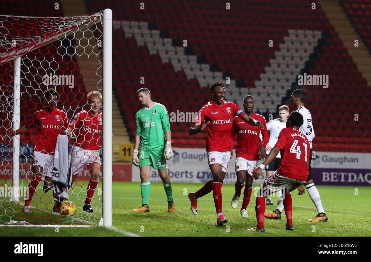 Charlton Athletic's Joe Aribo centre celebrates scoring the winning ...