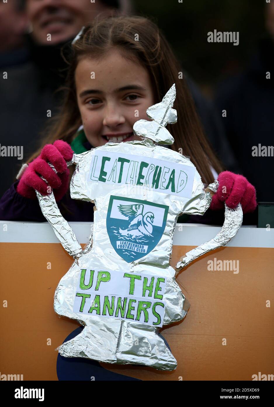 Leatherhead's fan with tinfoil FA Cup trophy during the game Stock ...
