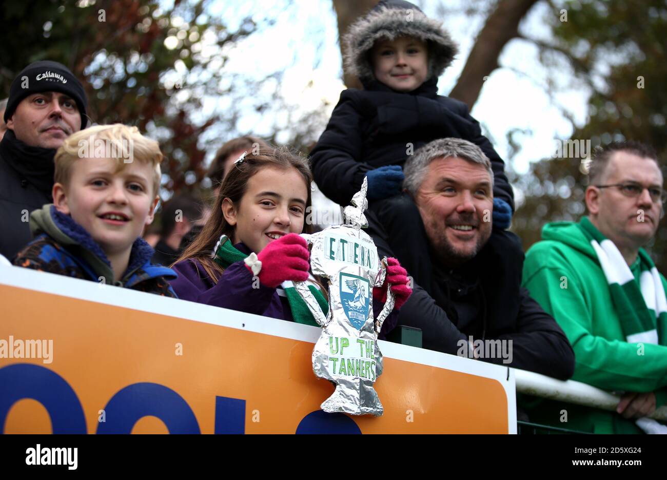 Leatherhead's fan with tinfoil FA Cup trophy during the game Stock ...