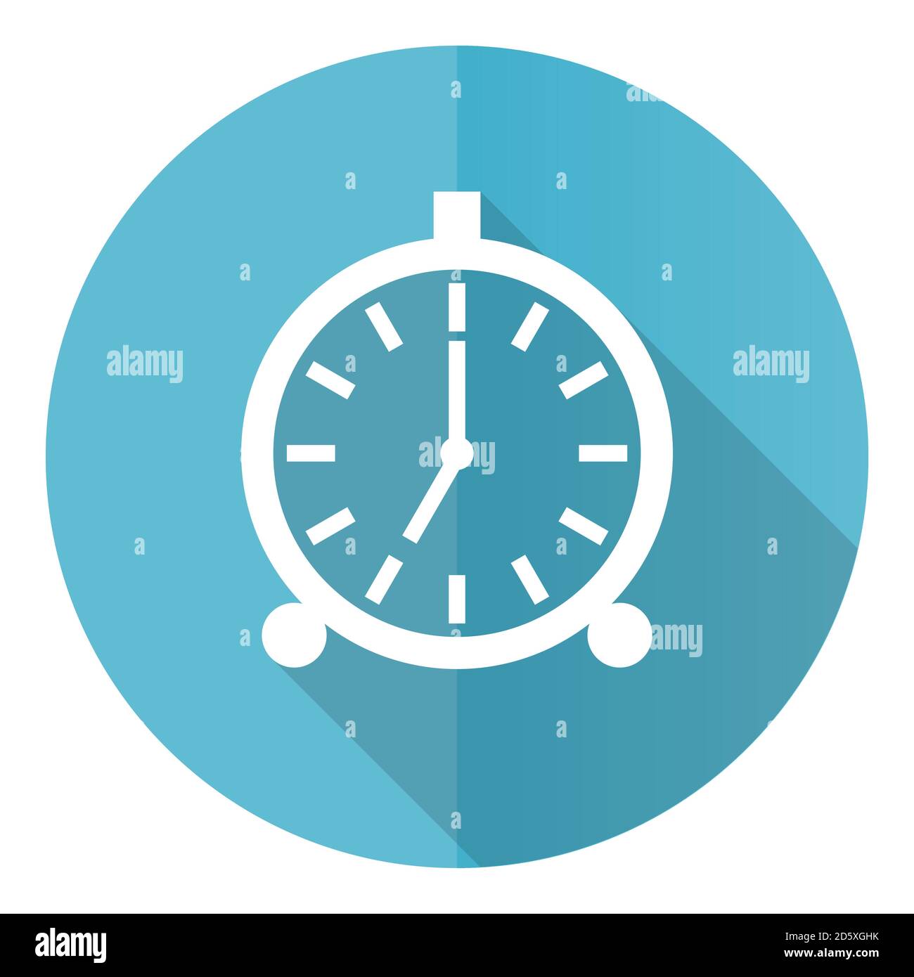 Alarm vector icon, flat design blue round web button isolated on white ...