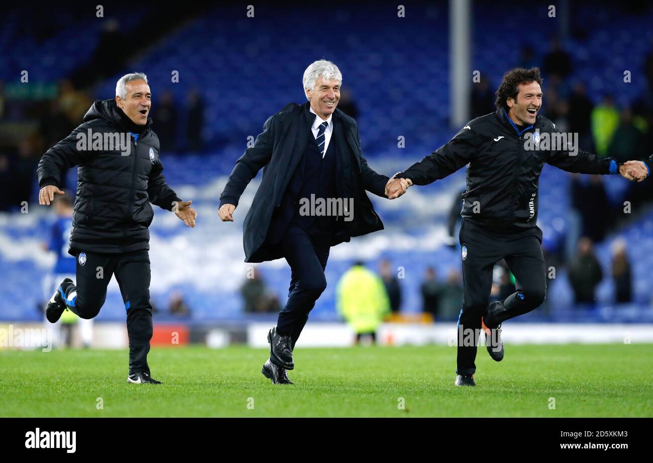 Atalanta manager Gian Piero Gasperini (centre) celebrates after the ...