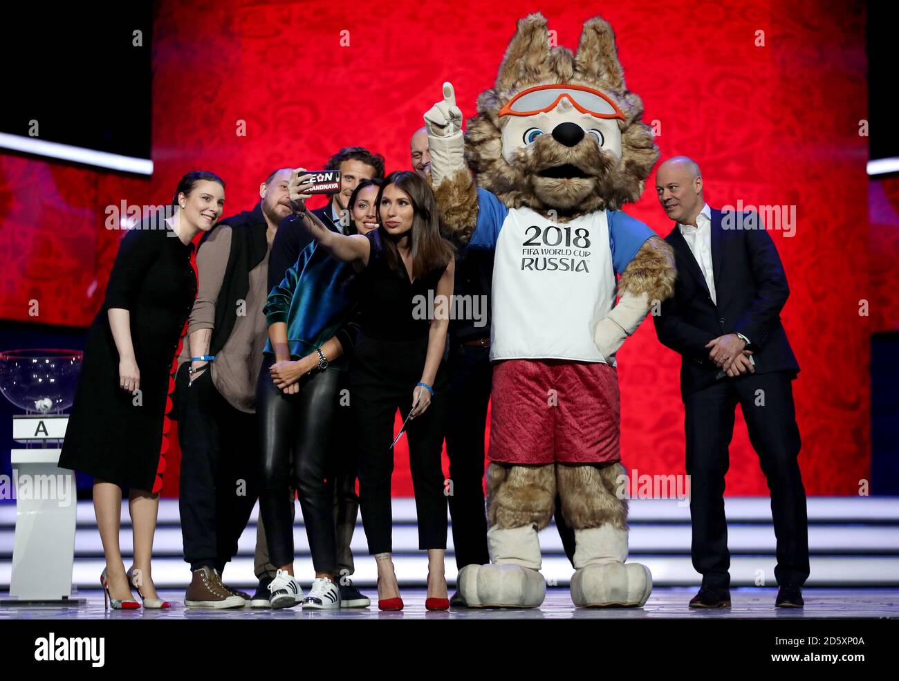 World Cup draw co/host Maria Komandnaya takes a selfie with the "Behind ...