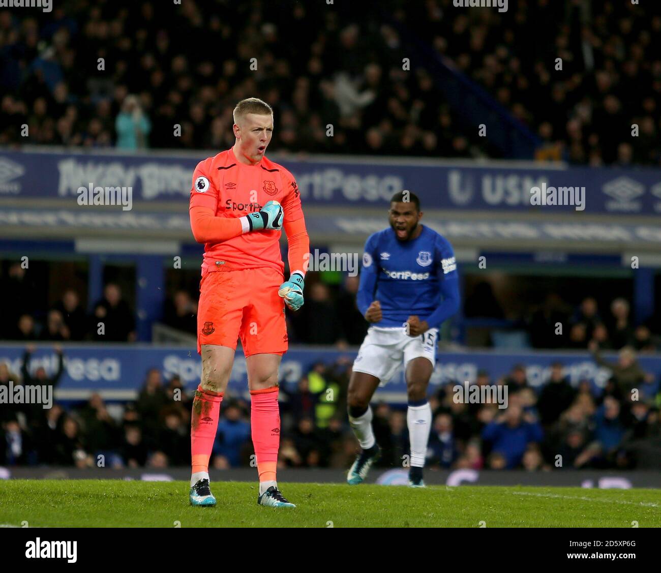 Everton goalkeeper Jordan Pickford after his penalty save Stock Photo ...