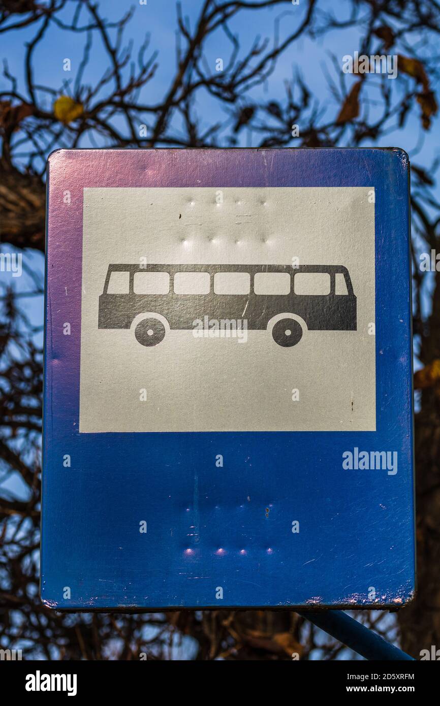 Bus station Stop Sign on post pole, traffic roadsign isolated Stock ...