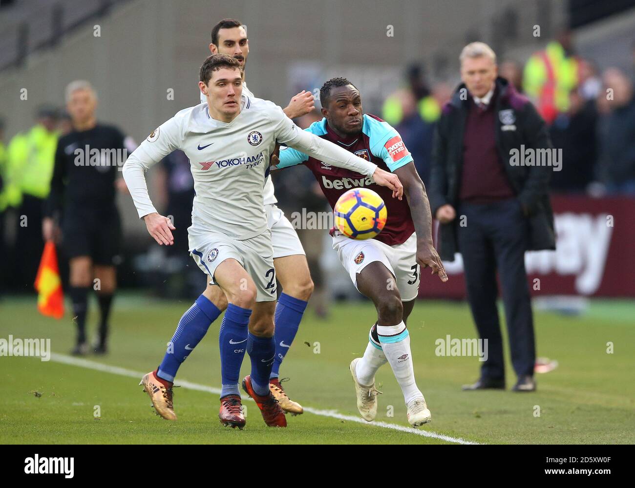 Chelsea's Andreas Christensen (left) and West Ham United's Michail ...