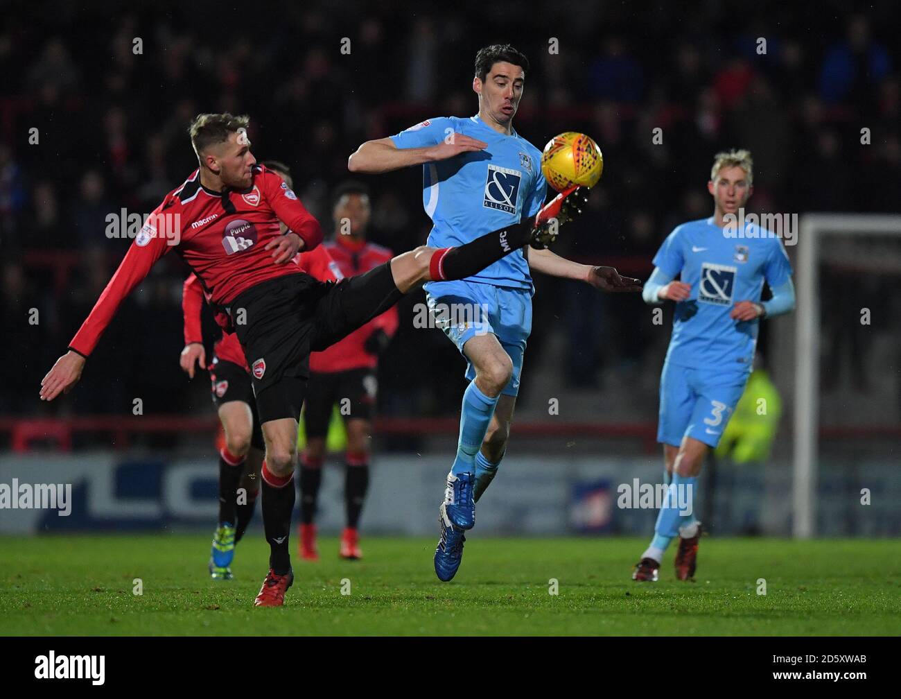 Coventry City's Peter Vincenti battles with Morecambe's Patrick Brough ...