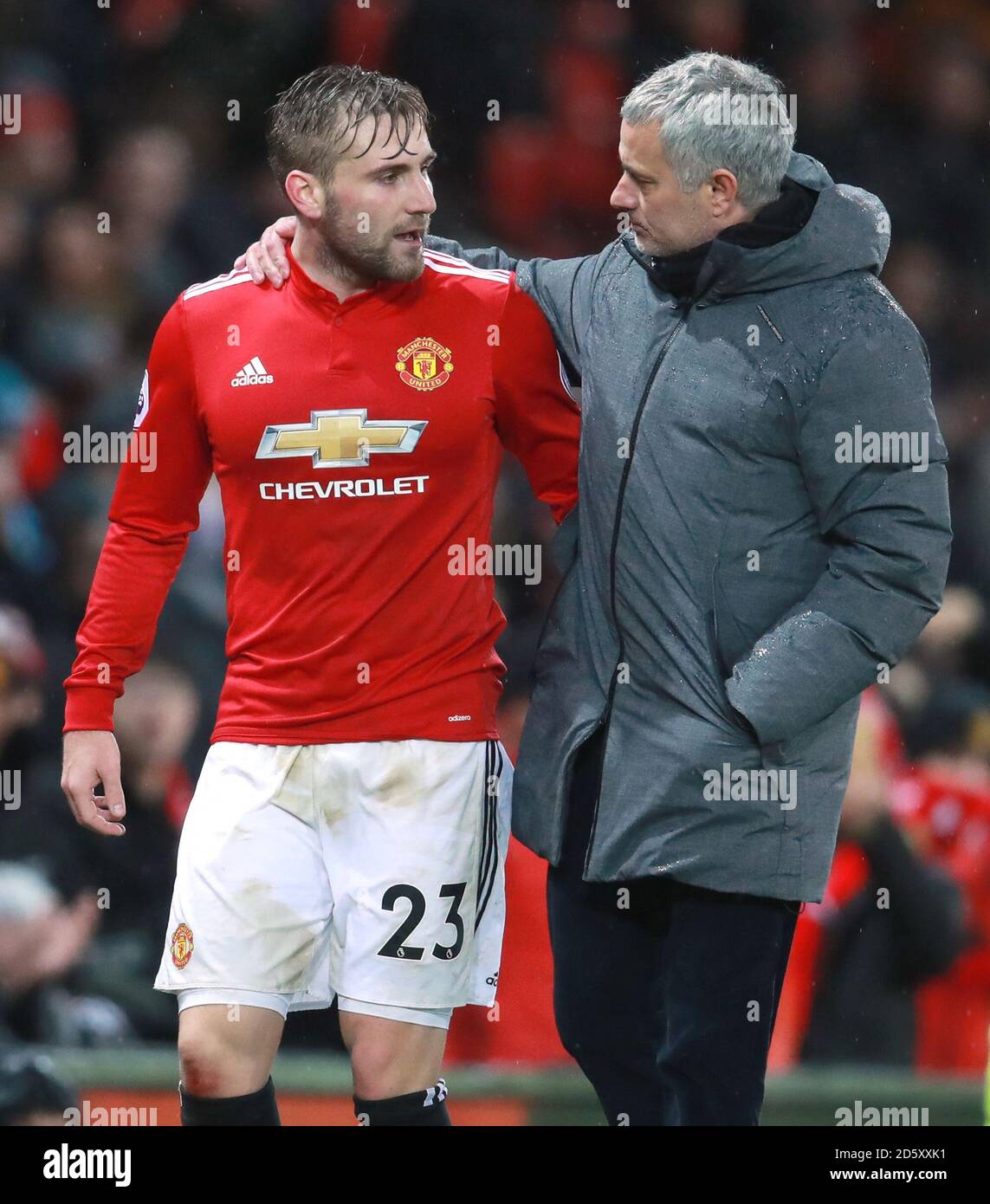 Manchester United's manager Jose Mourinho speaks to Luke Shaw Stock ...