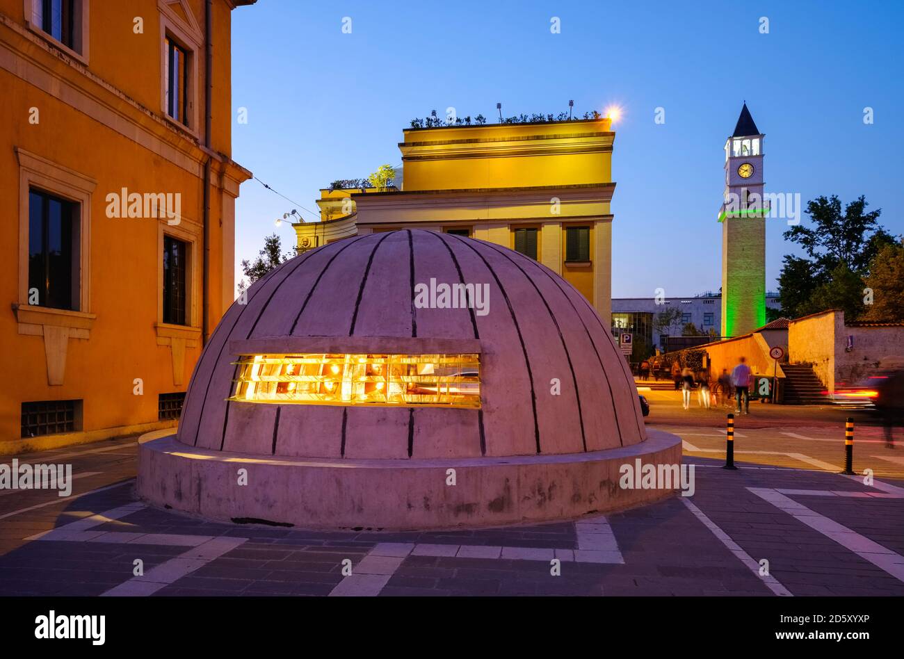 Albania, Tirana, Entrance to the museum Bunk'Art 2, clock tower at blue ...