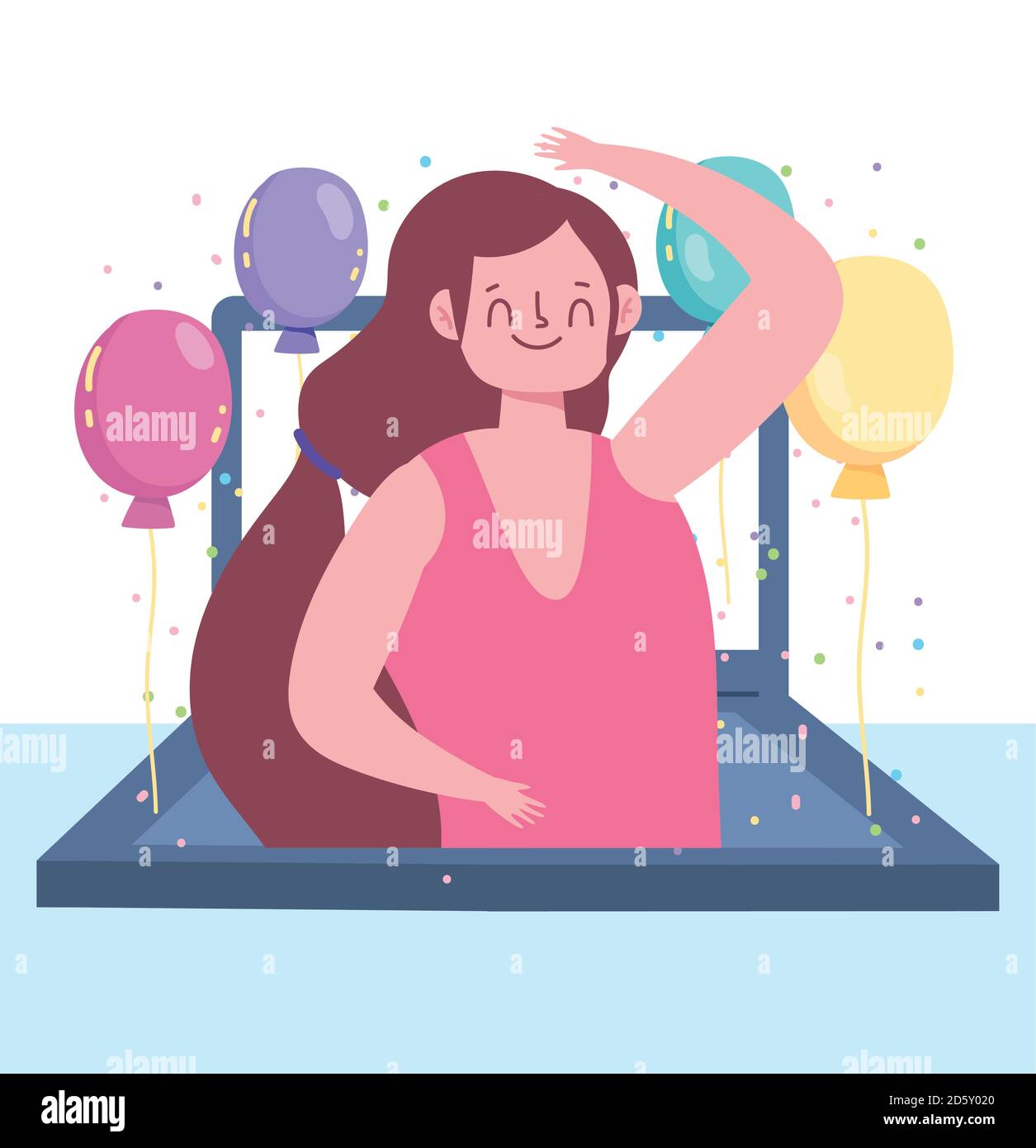 online party, laptop screen dancing woman with balloons celebration ...