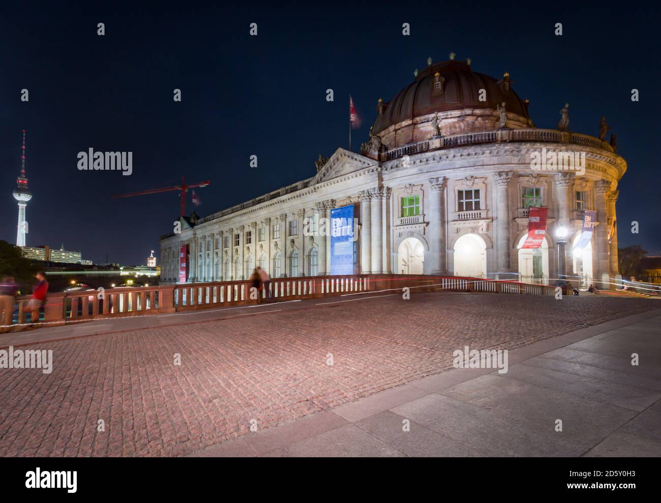 Germany, Berlin, Bode Museum with Monbijou Bridge and TV-Tower at night ...