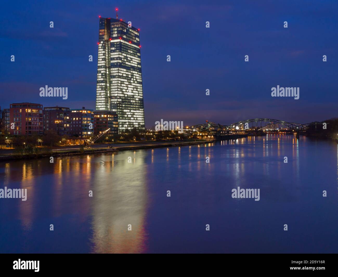 Germany, Frankfurt, River Main with ECB Tower and new campus Stock ...
