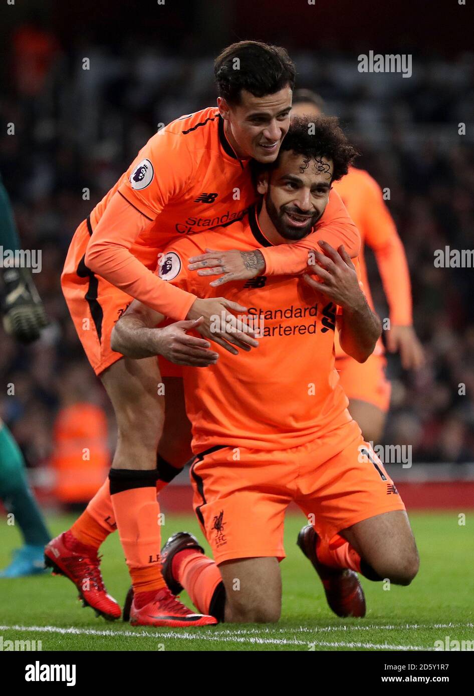 Liverpool's Mohamed Salah celebrates scoring his side's second goal of ...