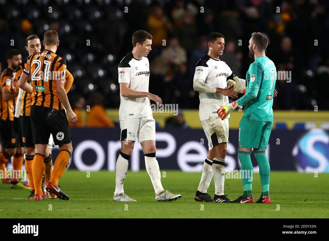 Derby County's Curtis Davies shakes hands with Hull City goalkeeper ...