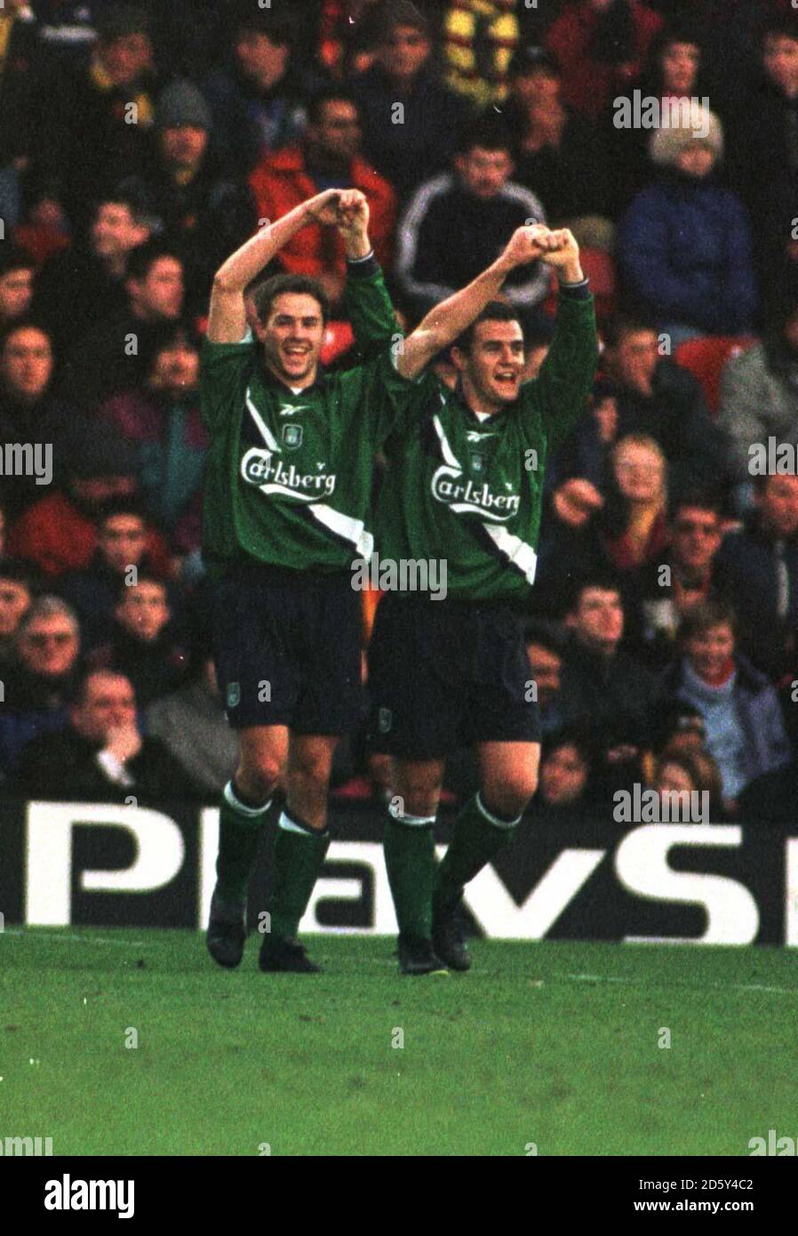 Liverpool's Michael Owen and David Thompson celebrate Thompson's goal ...