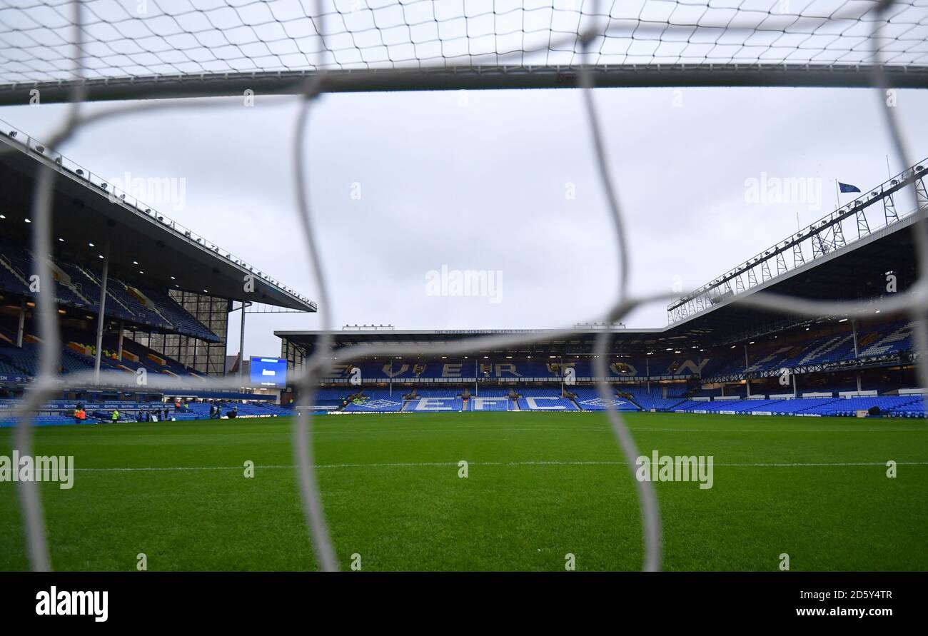 General view of the pitch at Goodison Park through the goal netting ...
