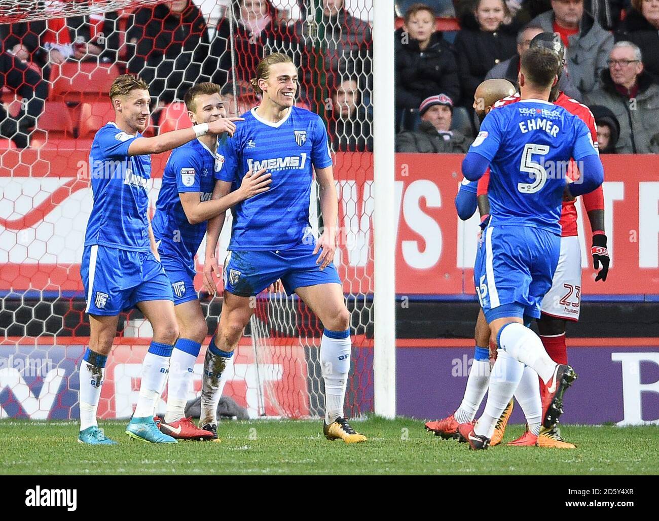 Gillingham's Tom Eaves (centre) celebrates scoring their second goal ...