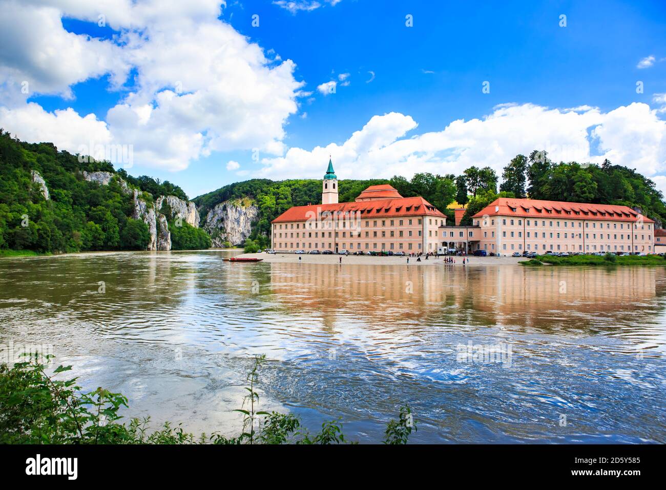 Germany, Kelheim, view to Weltenburg Abbey with Danube River in the ...