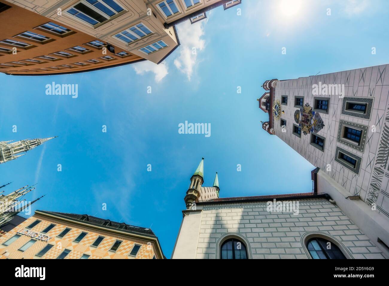 Germany, Bavaria, Munich, City Center, worm's eye view of buildings ...