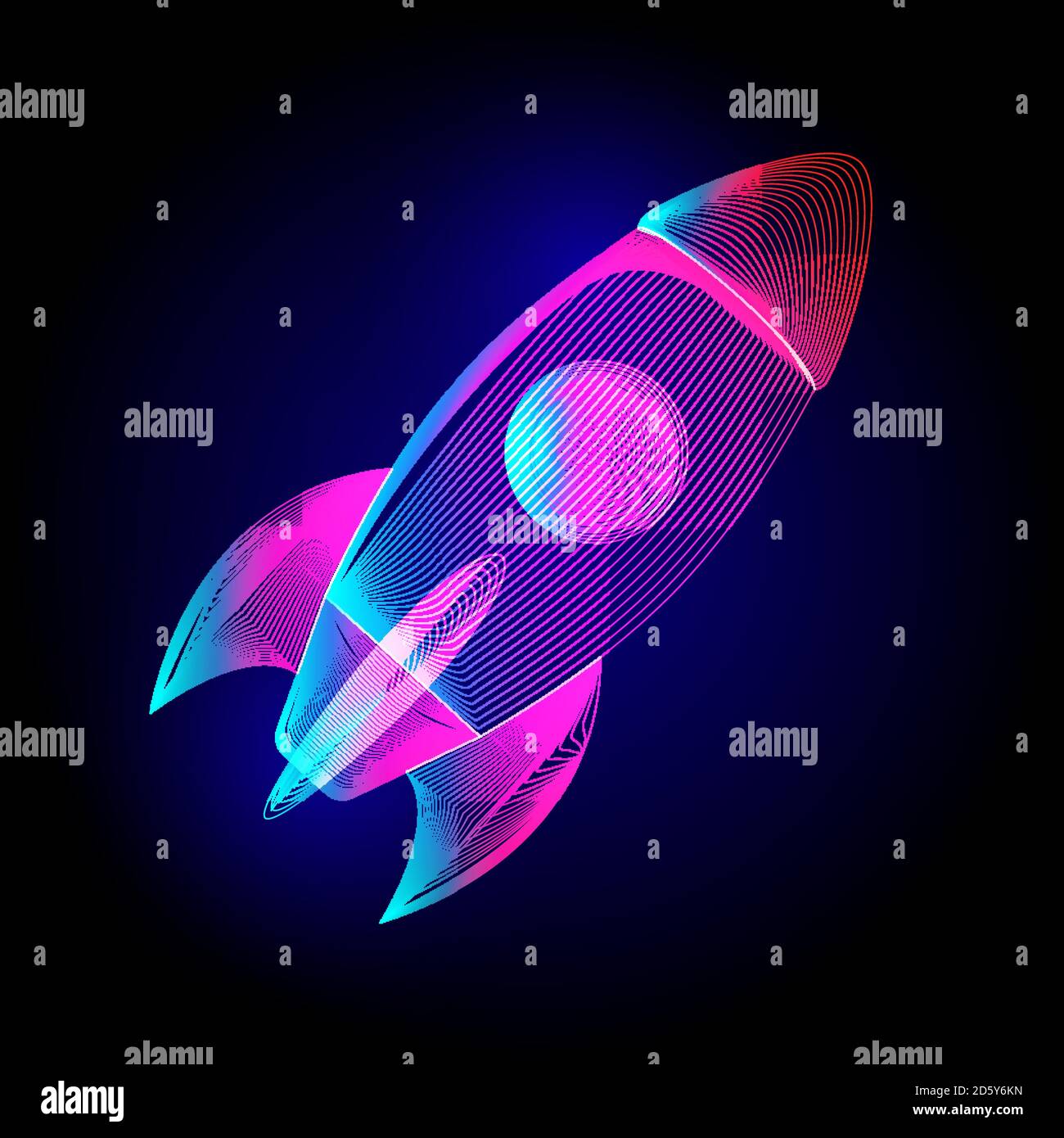 Neon flying rocket. Business start up launch sign. Vector illustration ...