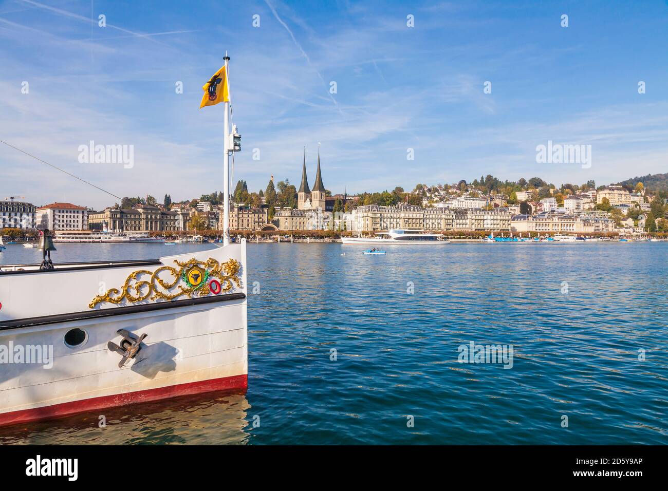 Switzerland, Luzern, Lake Lucerne and view of city with bow of ...