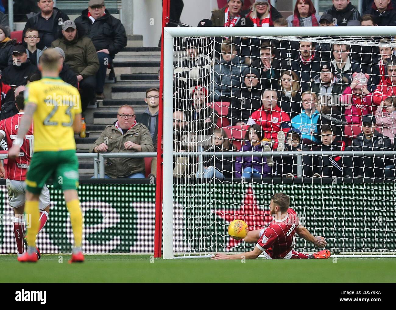 Bristol City's Nathan Baker clears a shot form Norwich City's Josh Murphy off the line Stock ...