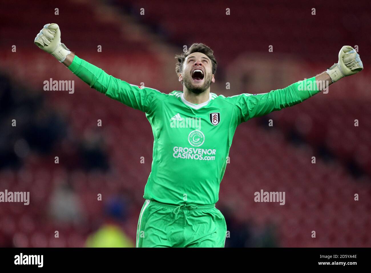 Fulham goalkeeper Marcus Bettinelli celebrates the winning goal Stock ...