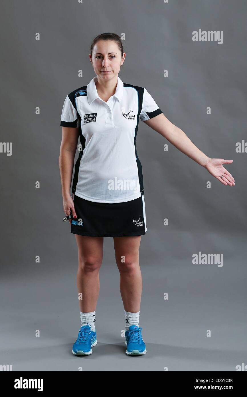 Umpire Kate Mann signalling throw in - goal line Stock Photo - Alamy