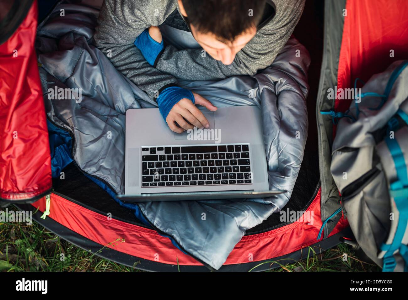 Man Using Laptop Computer Camping High Resolution Stock Photography and ...
