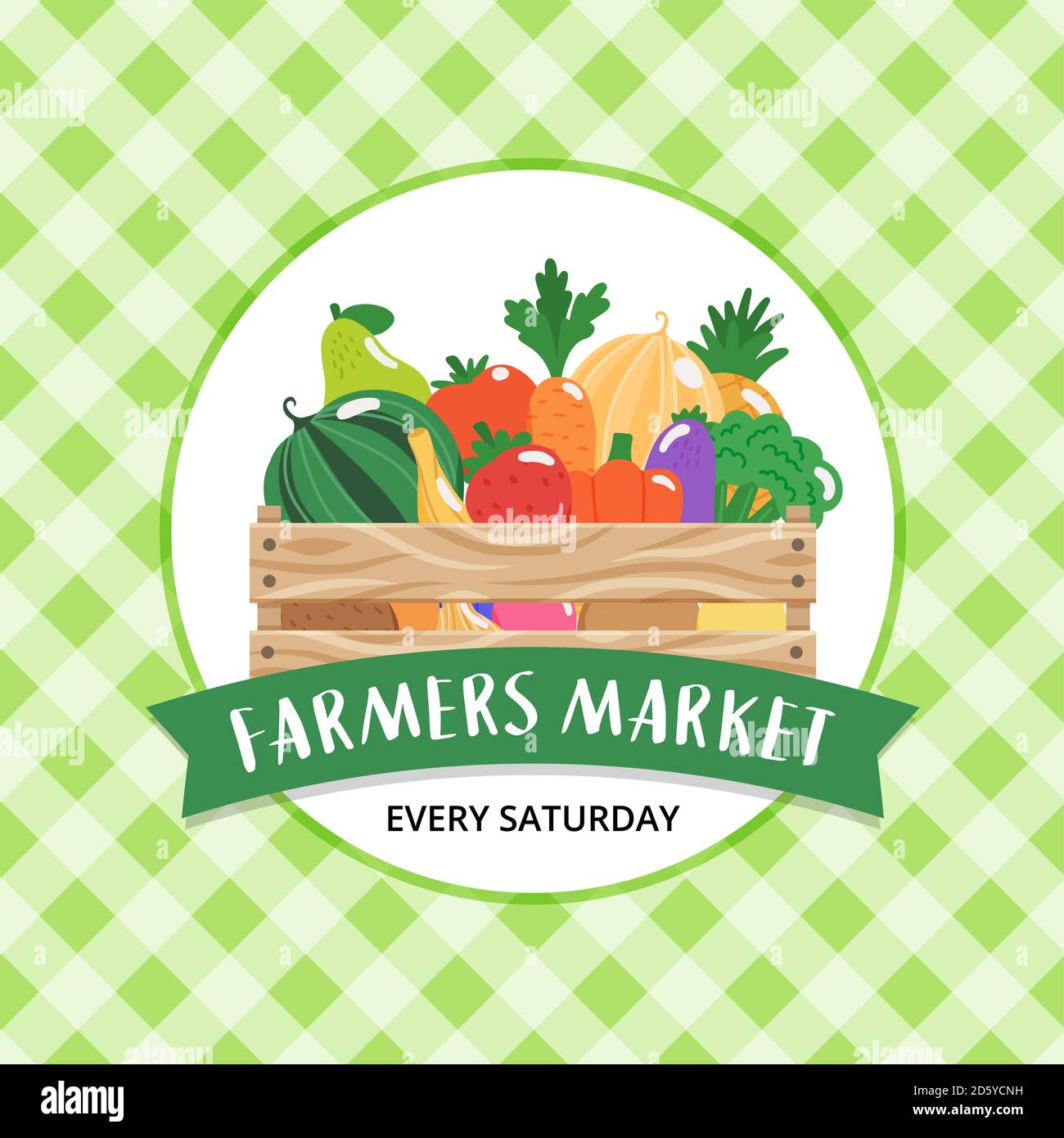 Farmers market background with Wooden box with fruits and vegetables ...