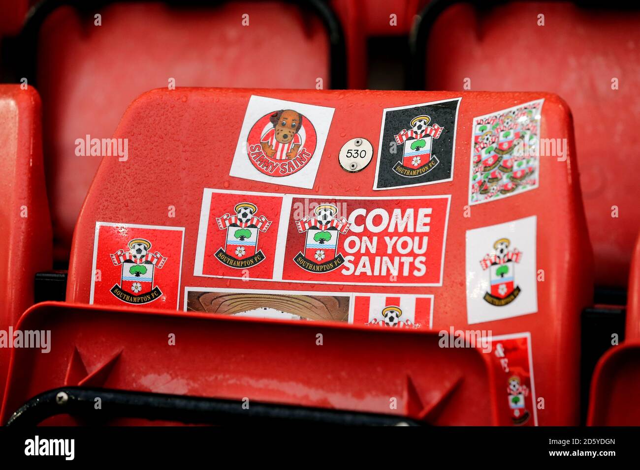 Southampton stickers on a seat in the stands at St Mary's Stadium Stock ...
