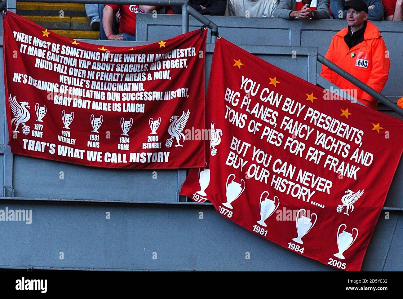 Signs draped over the stands Stock Photo - Alamy
