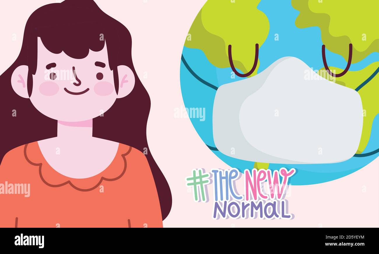 new normal lifestyle, cartoon woman and world with mask vector ...