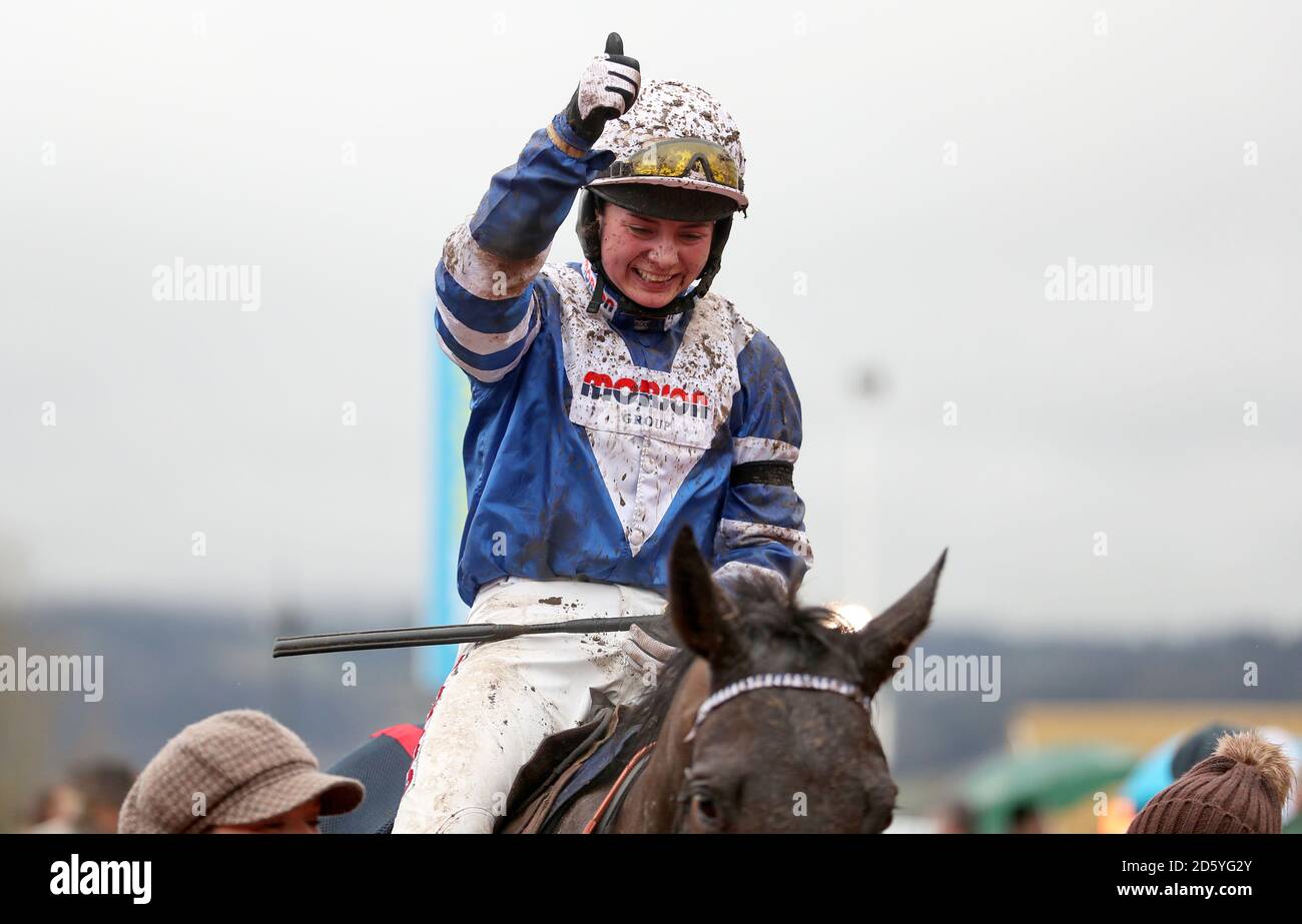 Jockey Bryony Frost celebrates her victory on Frodon in the Crest ...