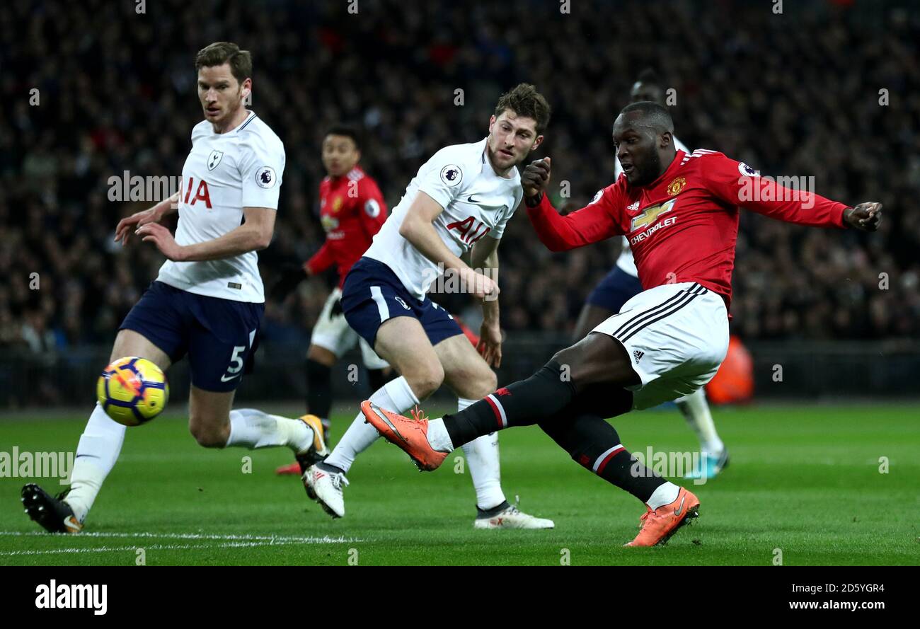 Manchester United's Romelu Lukaku (right) has a shot past Tottenham ...