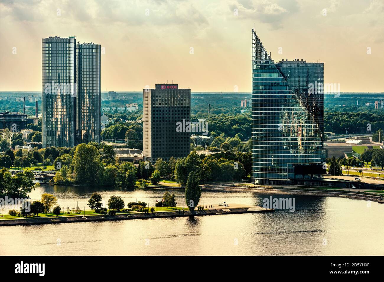View above daugava river to z towers and saules akmens skyscrapers hi ...