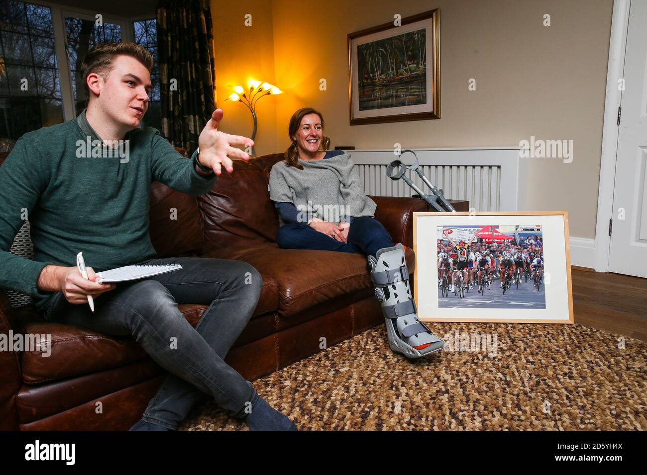 Cyclist Tom Piddock is interviewed by journalist Thomas Lissens in ...