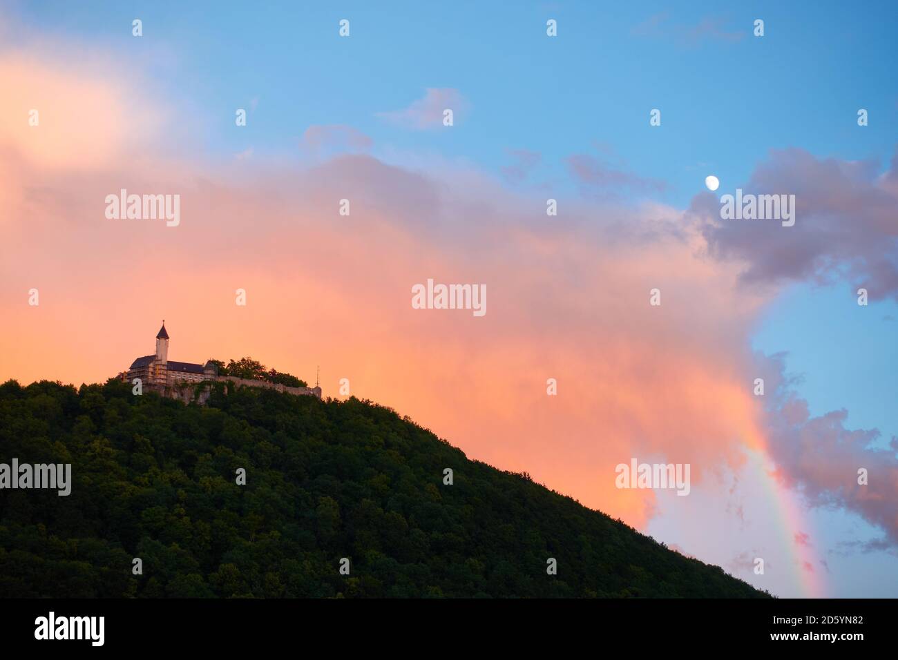 Castle Teck on a Hill with orange clouds Stock Photo - Alamy