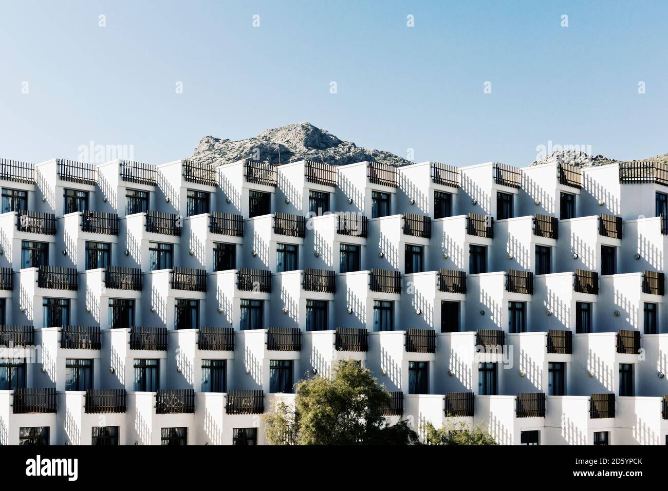 Spain, Baleares, Mallorca, apartment building with rows of balconies ...