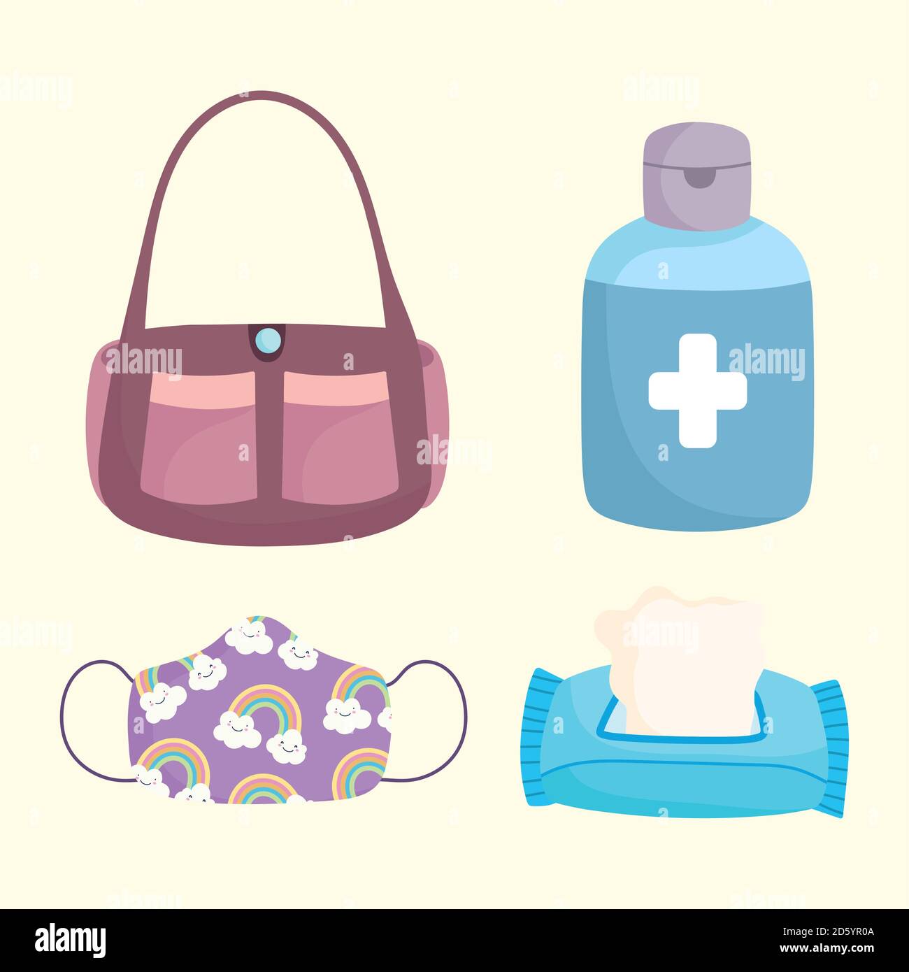 new normal, medical mask tissue paper alcohol and bag icons vector ...