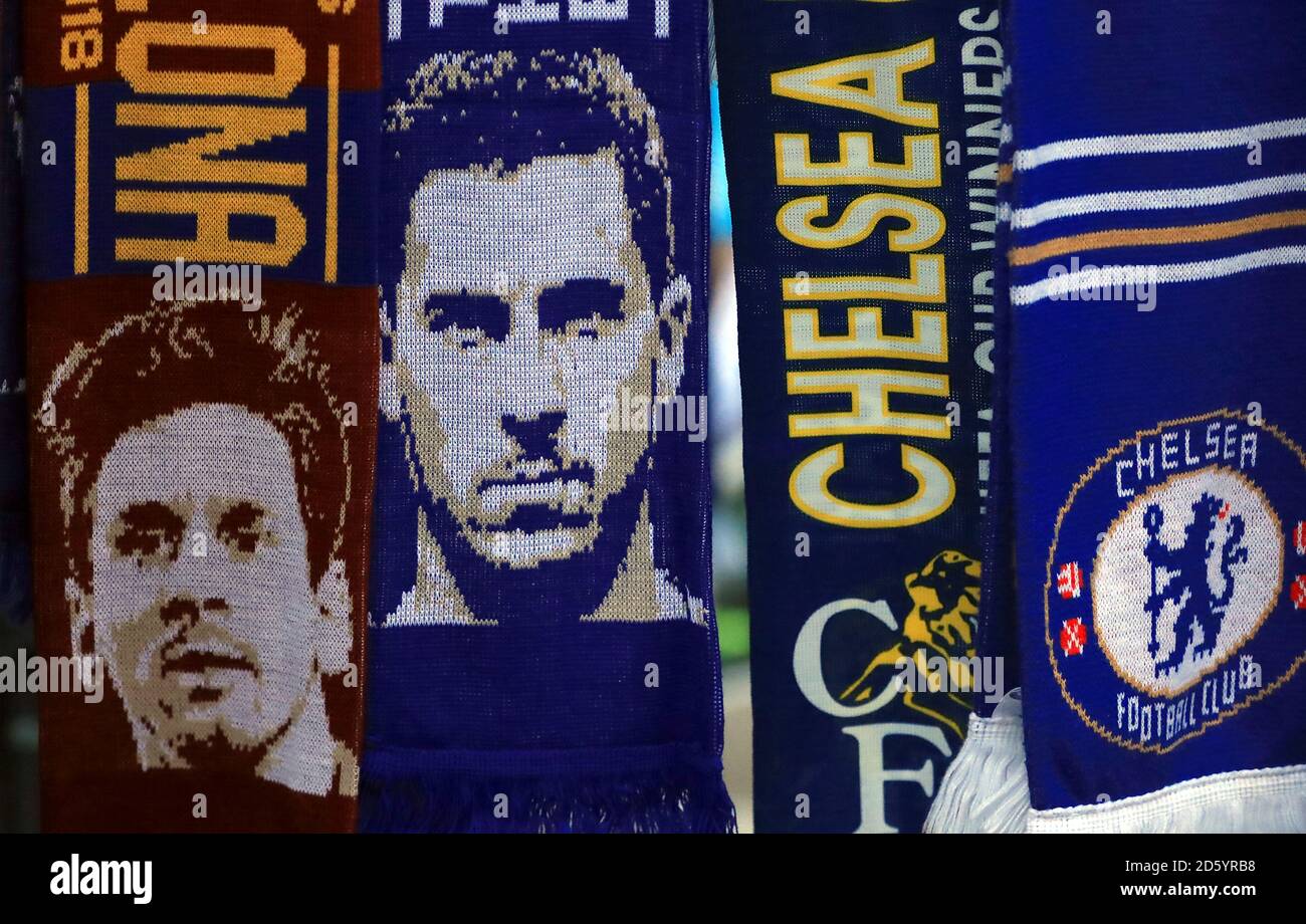 Chelsea and Barcelona scarves being sold outside the stadium, featuring ...