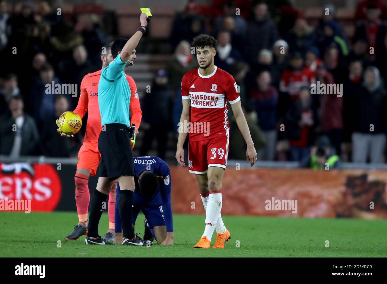 Middlesbrough's Rudy Gestede is booked by referee Andrew Madley Stock ...