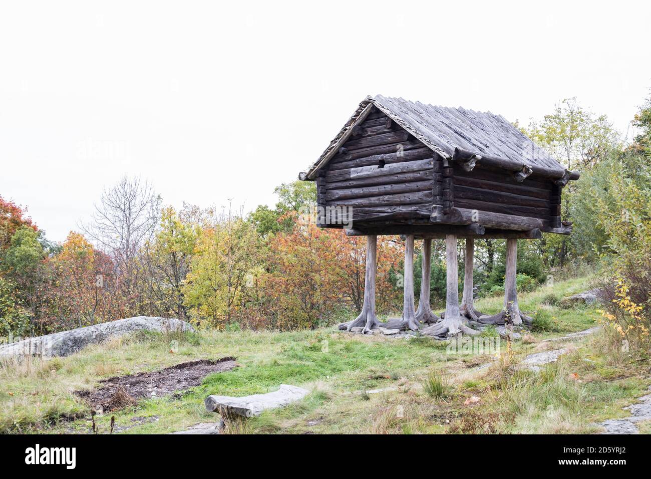 Sweden, Stockholm, historic log cabin on piles in Skansen Stock Photo ...
