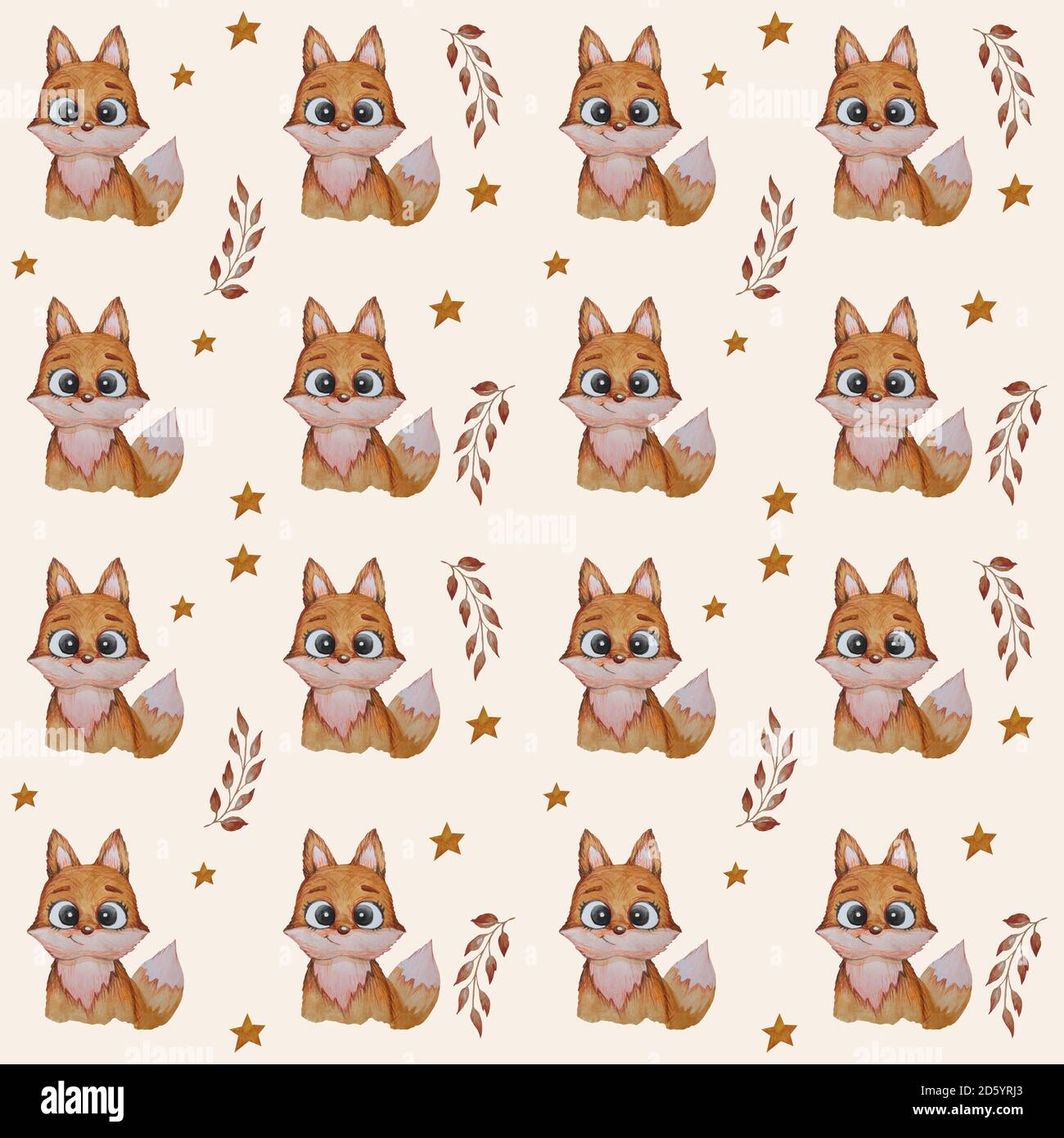 Fox seamless pattern. Cute red fox with a smile vect and stars on a ...